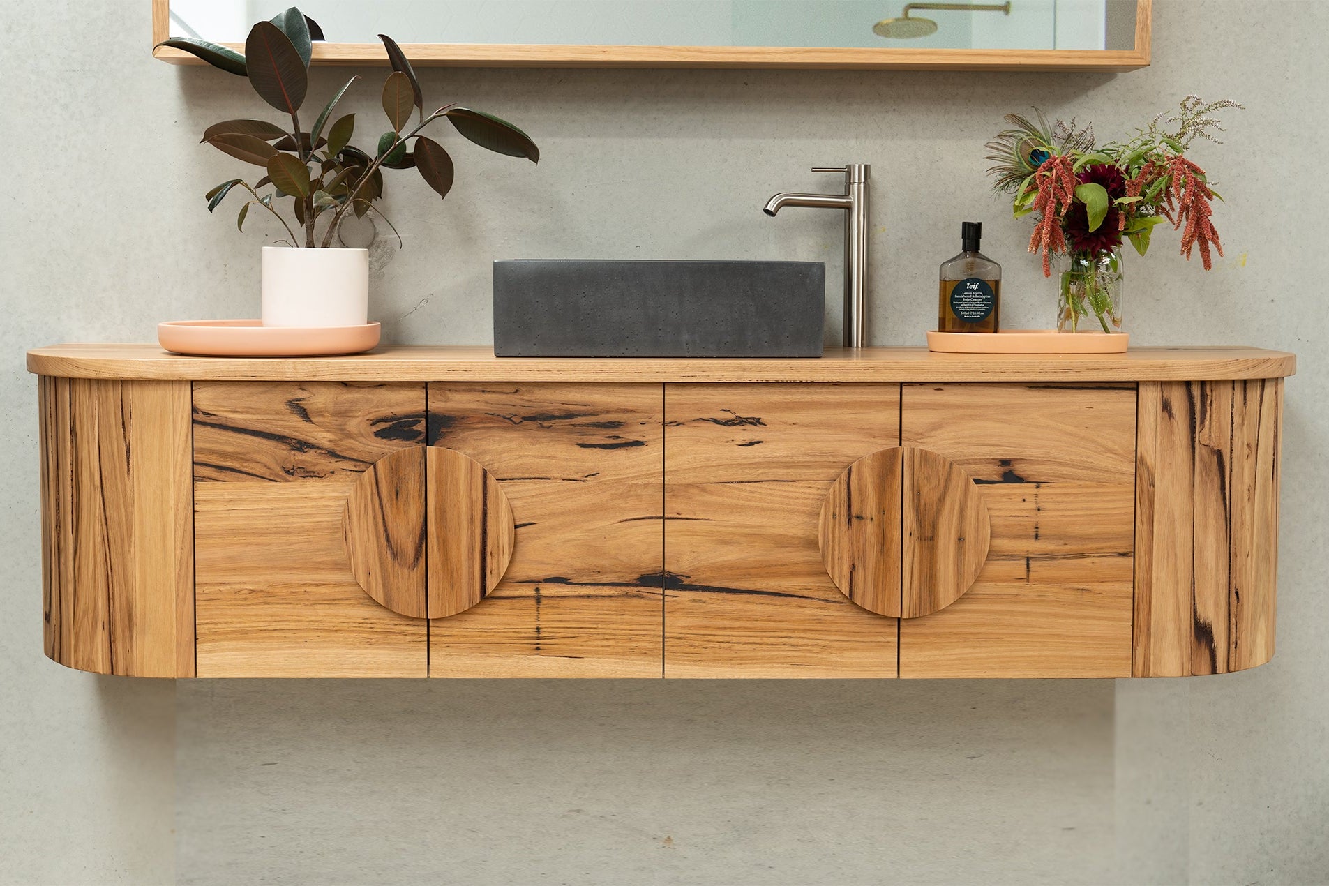 Curved wall hung timber vanity | Bombora Custom Furniture
